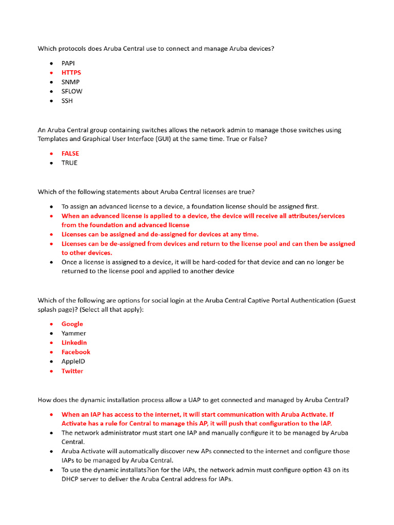 Aruba Central Quiz - Protocols, Licensing, and Management | PDF