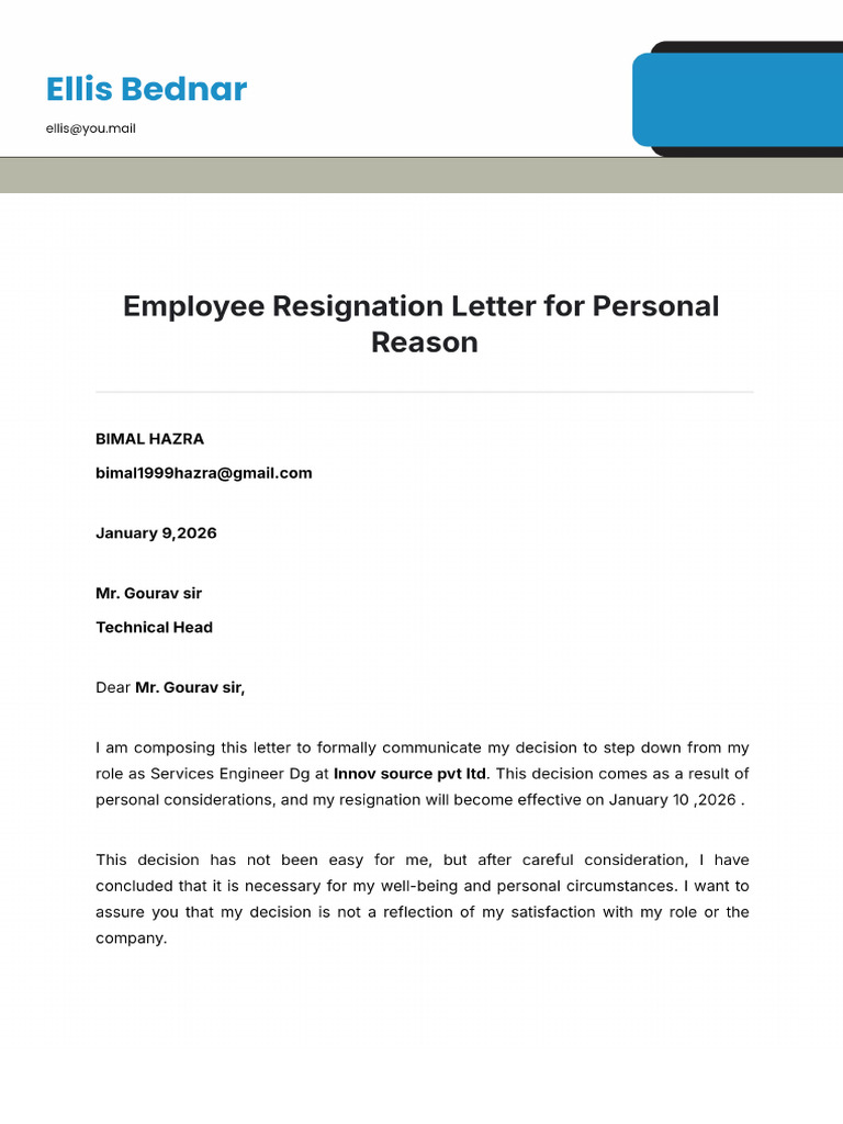 Employee Resignation Letter for Personal Reason Template | PDF