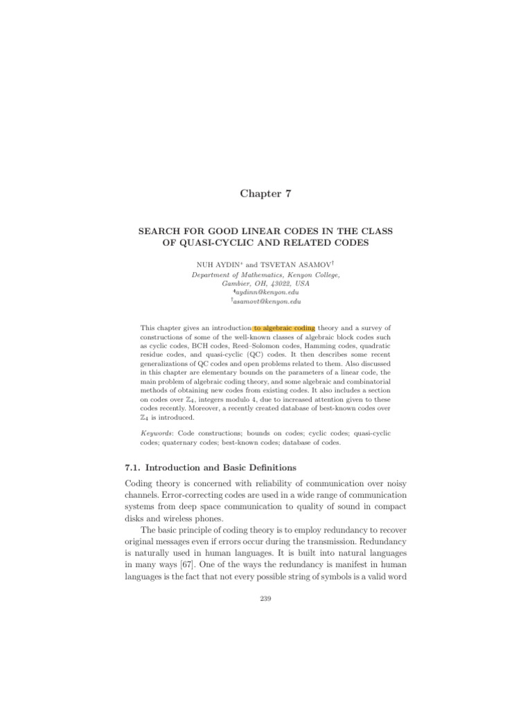 Search for Good Linear Codes in the Class of Quasi-Cyclic and Related Codes | PDF