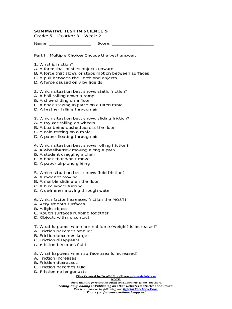 Science 5 Friction Test Questions | PDF | Friction | Force