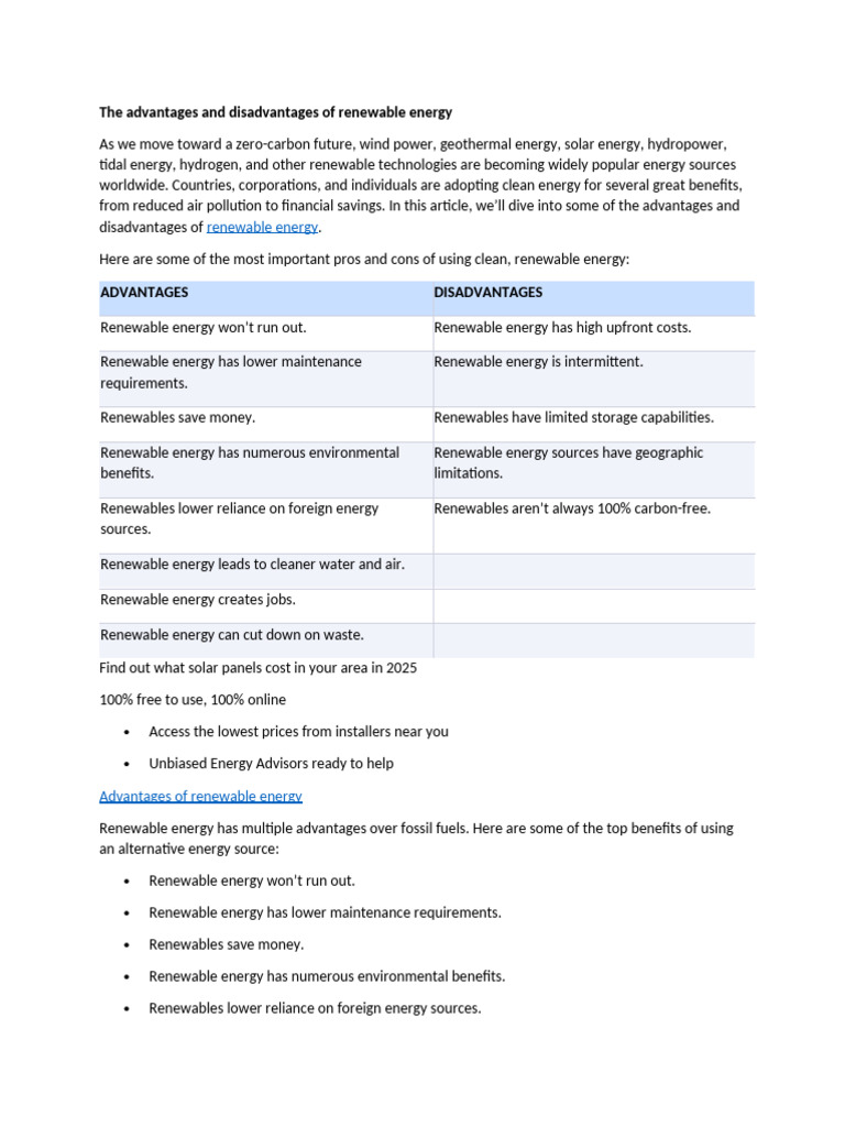 The Advantages and Disadvantages of Renewable Energy | PDF | Renewable ...