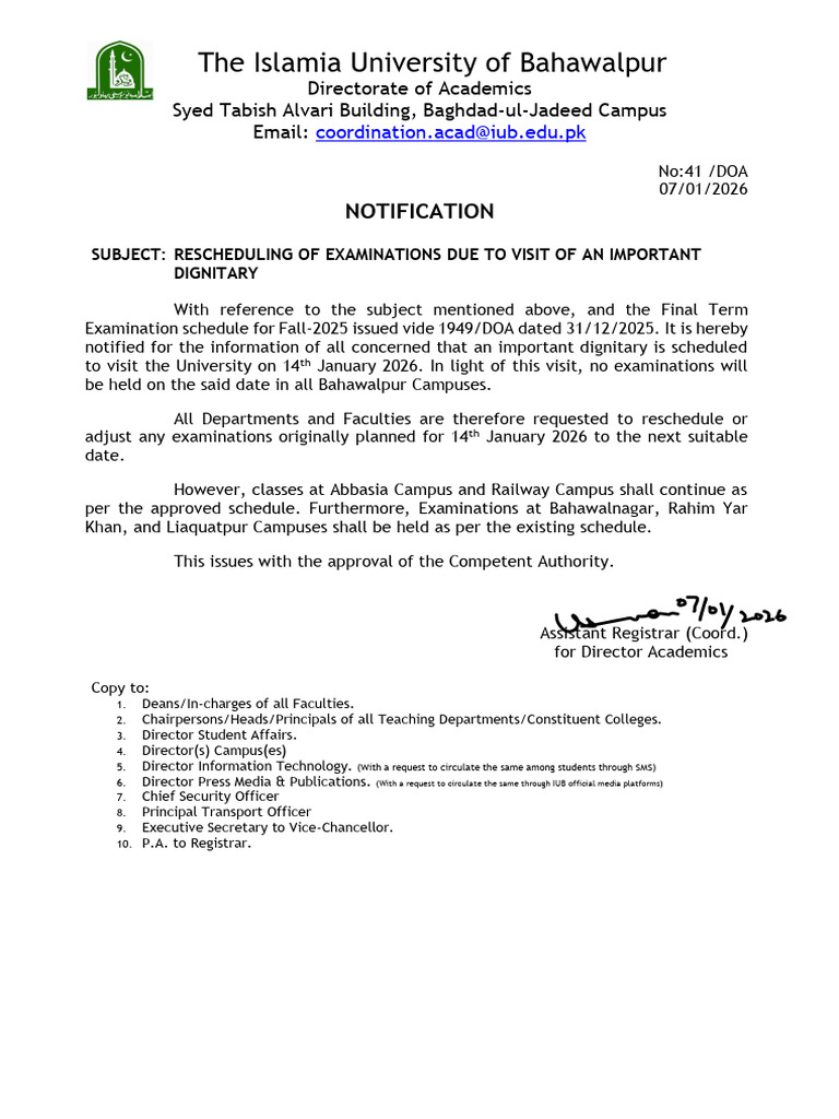IUB Exam Rescheduling Notification 2026 | PDF