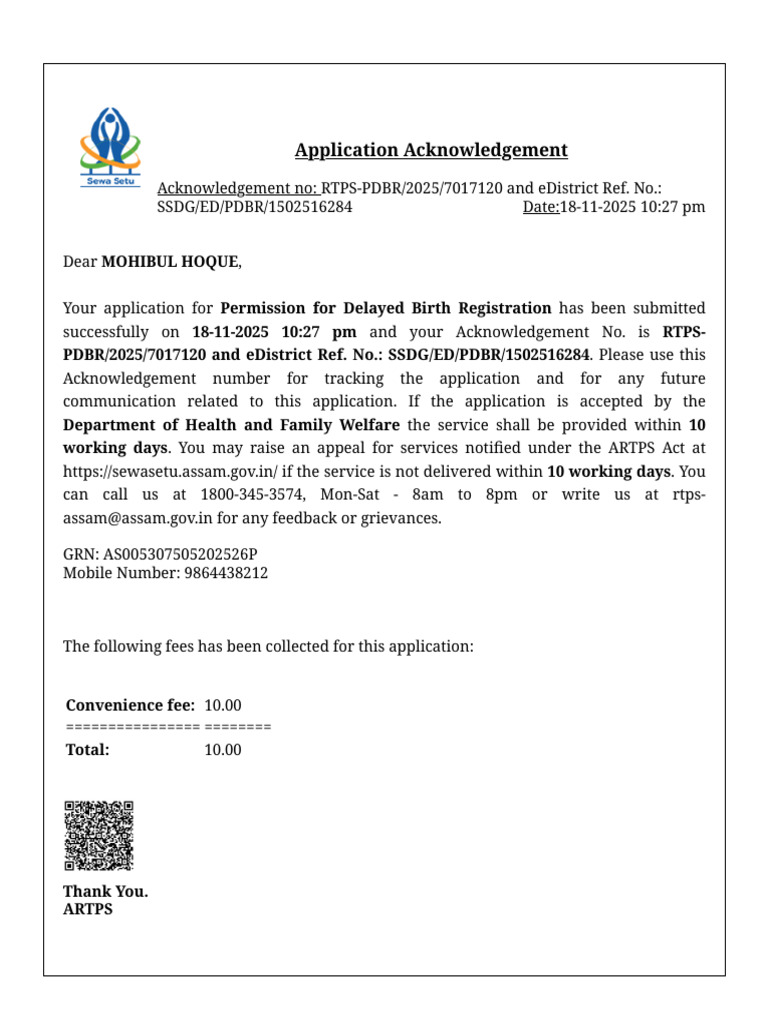 Delayed Birth Registration Acknowledgement | PDF
