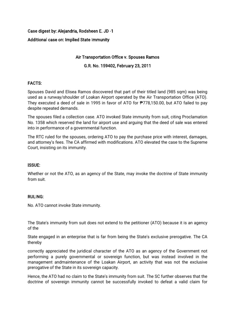 Implied State Immunity in ATO Case | PDF | Sovereign Immunity | Civil ...