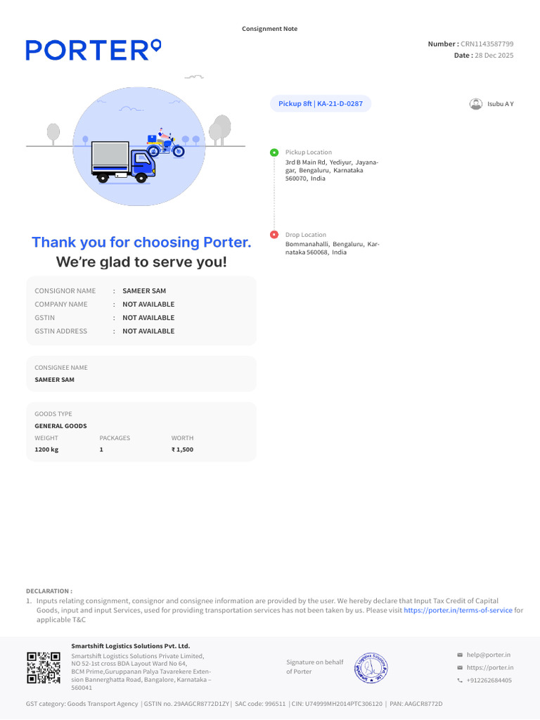 Porter Consignment Note (CRN1143587799) | PDF