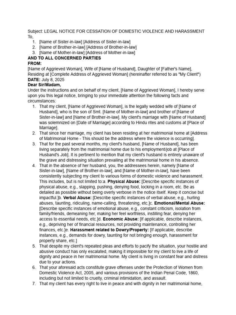 Draft A Legal Notice in A Case Where A Woman Is Su... | PDF