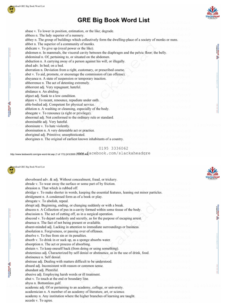 Big Book Word List For GRE SlackaHead 01953336062 | PDF