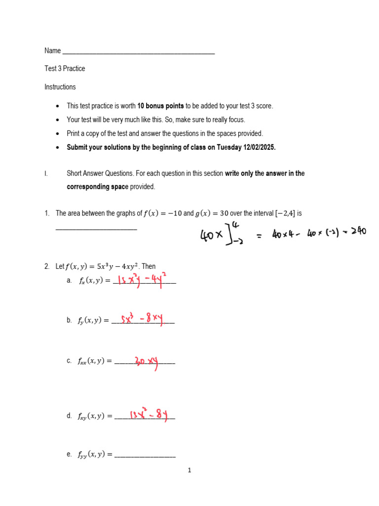 Test 3 Practice Bonus Points Guide | PDF | Integral | Mathematical Analysis