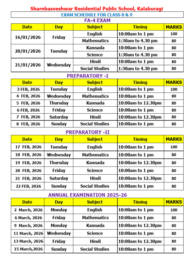 Class 8 & 9 Exam Schedule 2026 | PDF