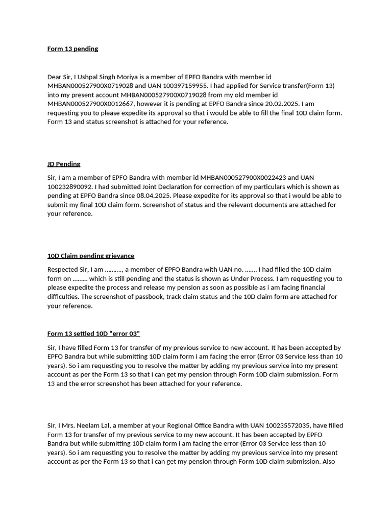EPFO Form 13 and 10D Claim Issues | PDF | Employee Benefits ...