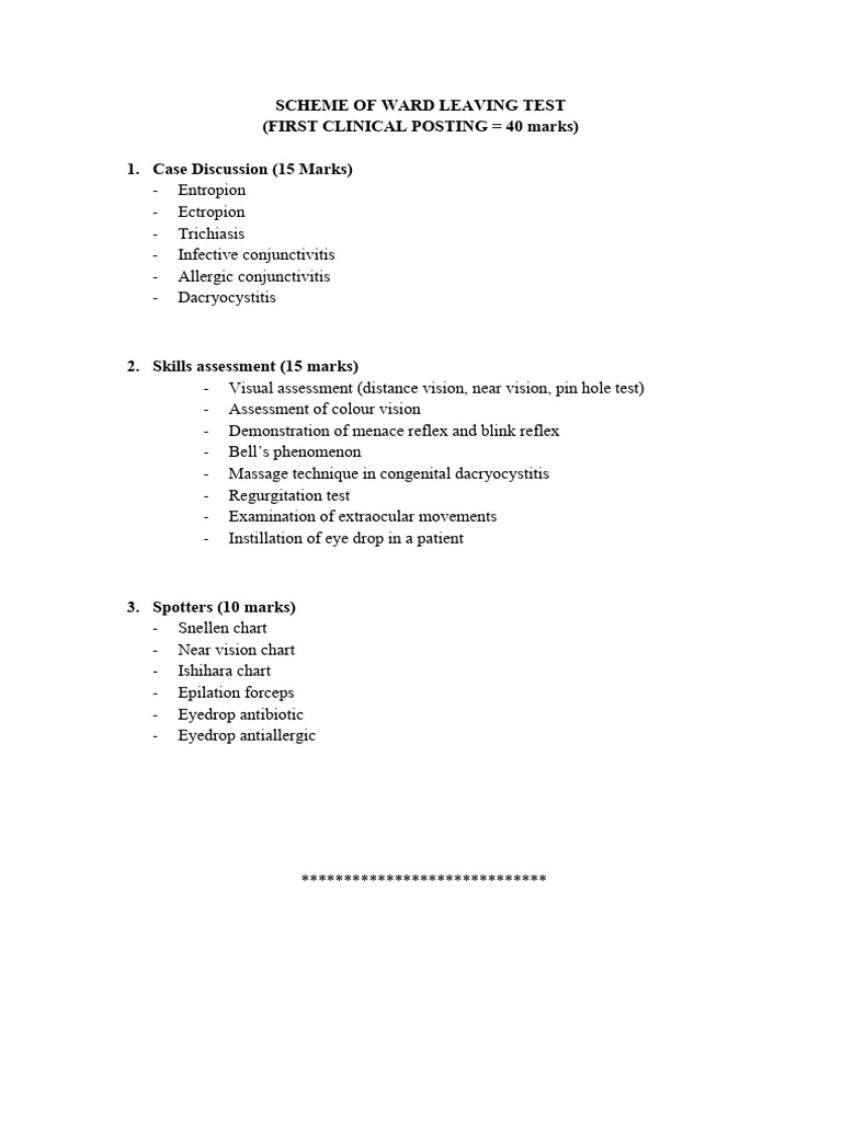 Scheme of Ward Leaving Test | PDF