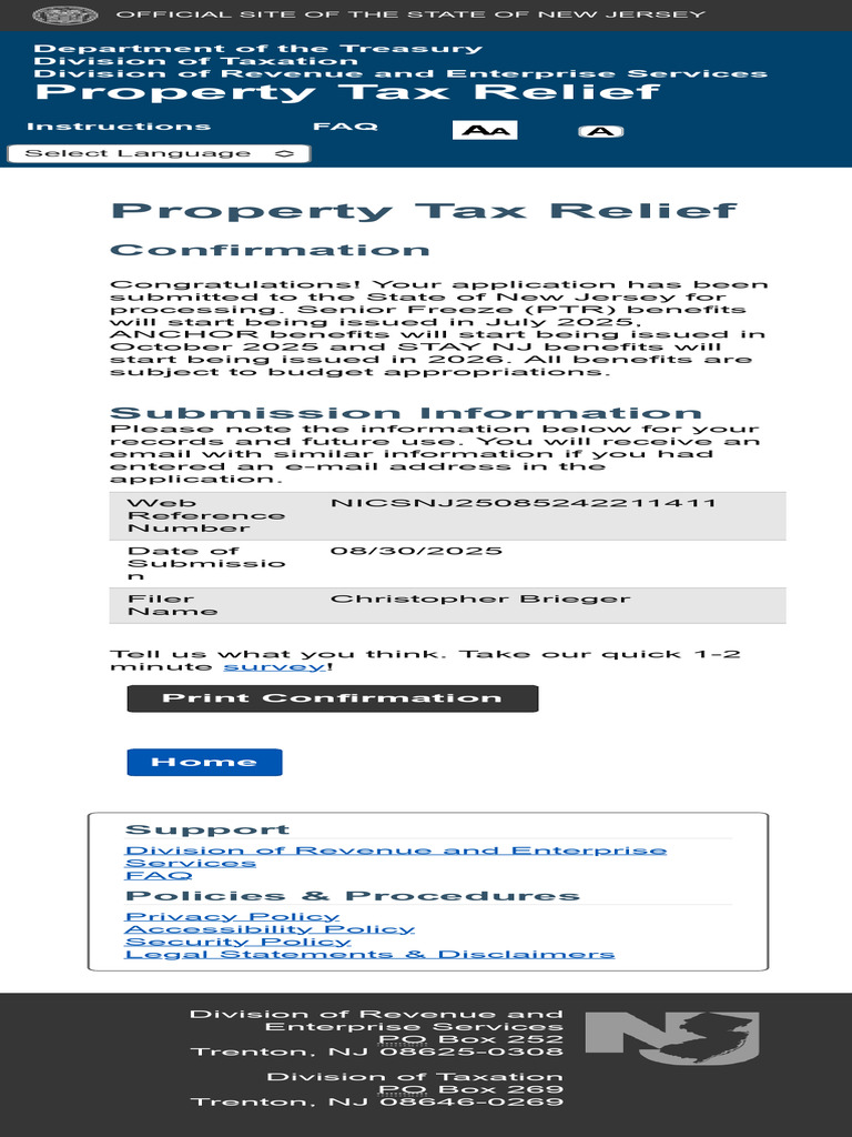 New Jersey Property Tax Relief Confirmation | PDF