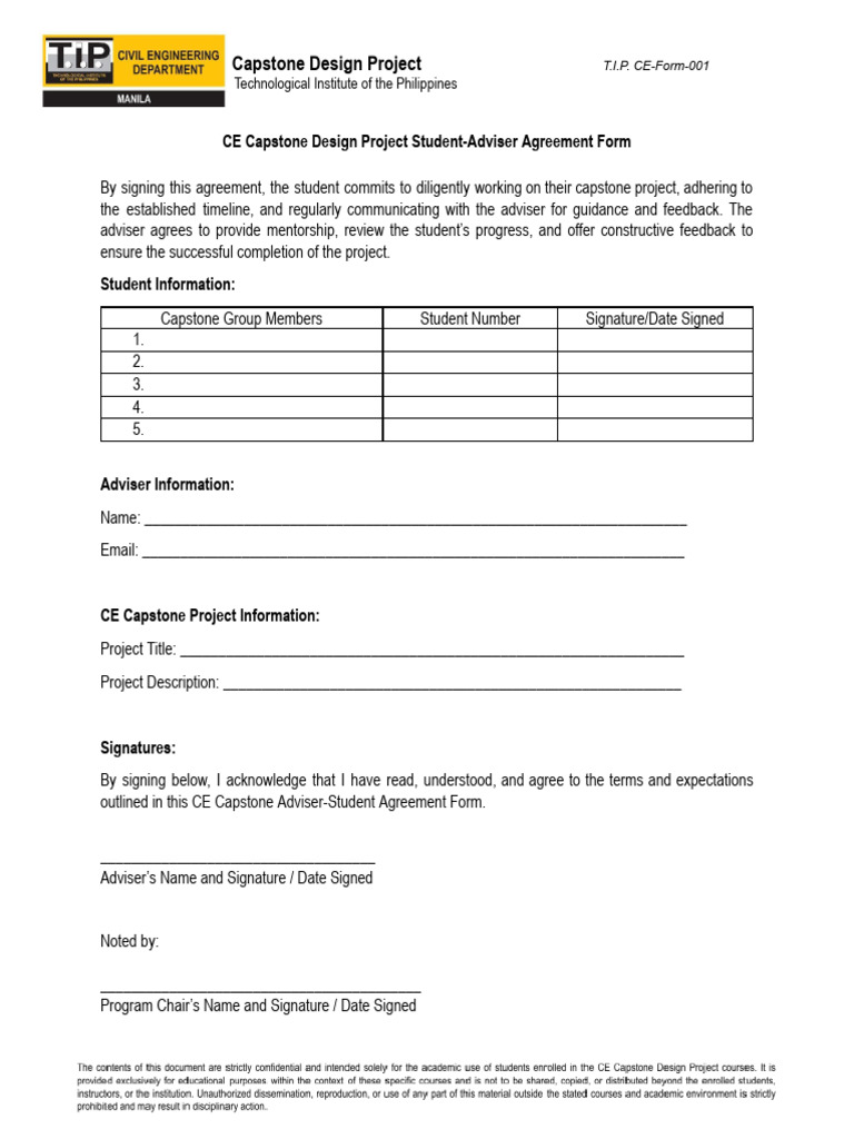 T.I.P. CE Form 001 CE Capstone Design Project Student Adviser Agreement ...