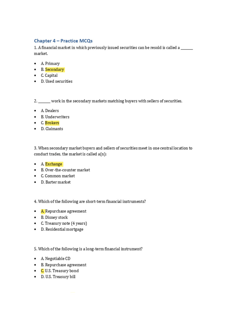Financial Market MCQs Practice Test | PDF | Securities (Finance ...