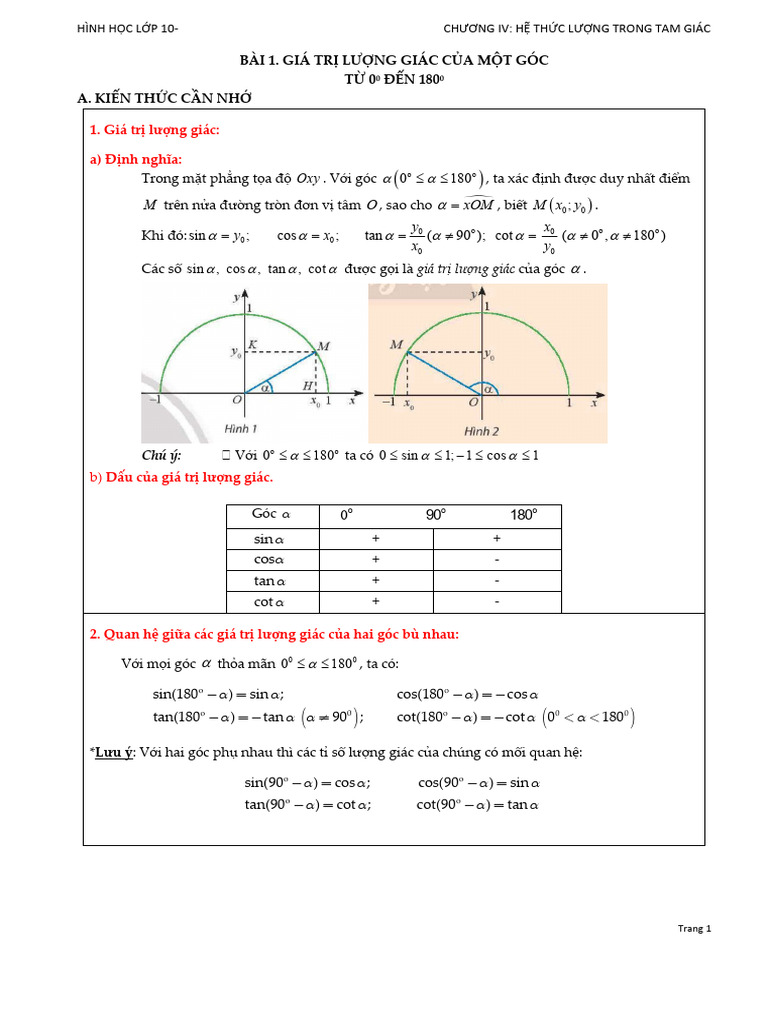 C4 Bài 1 Giá Trị Lượng Giác Của Một Góc | PDF