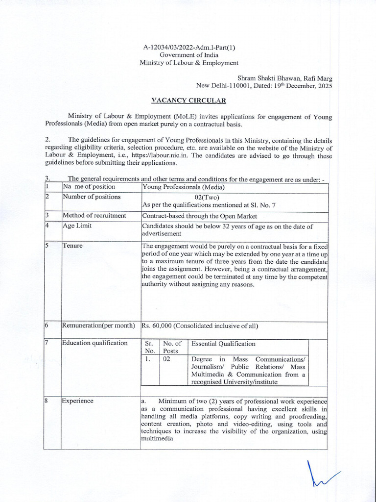 Vacancy Circular for 02 Posts of Young Professionals (Media) | PDF