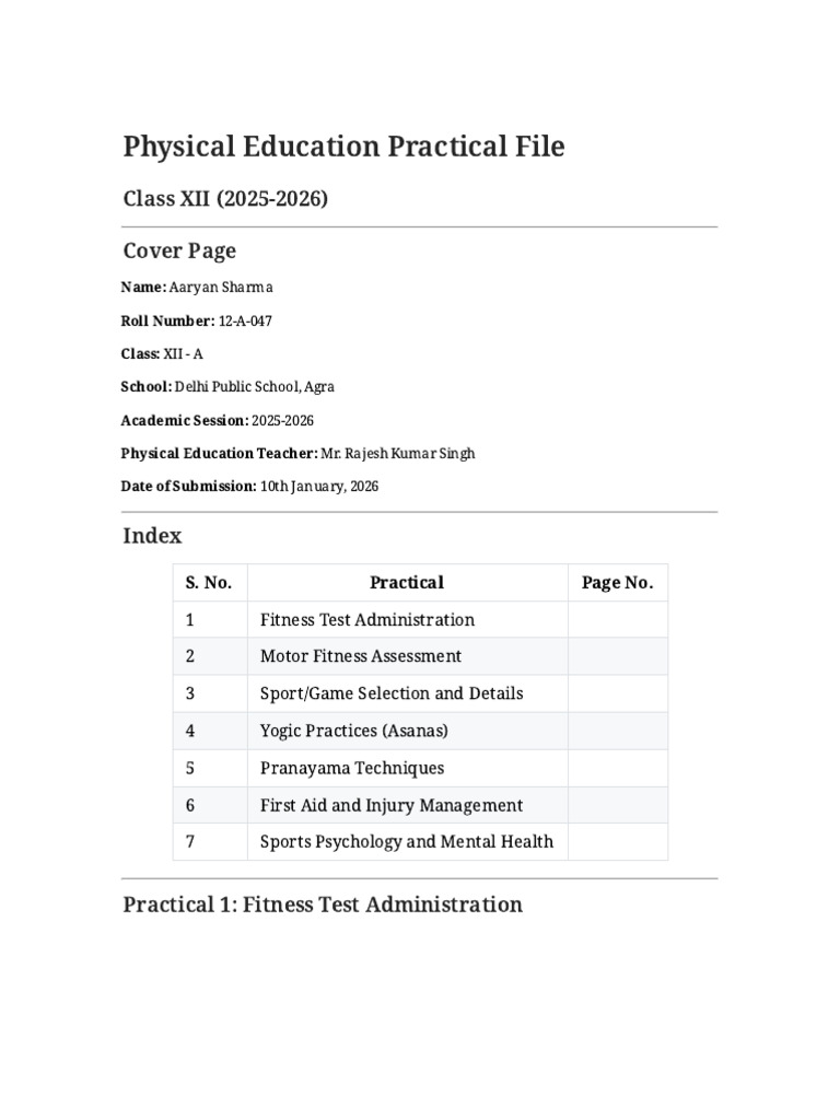 PE Practical File Class XII | PDF | Asana | Breathing