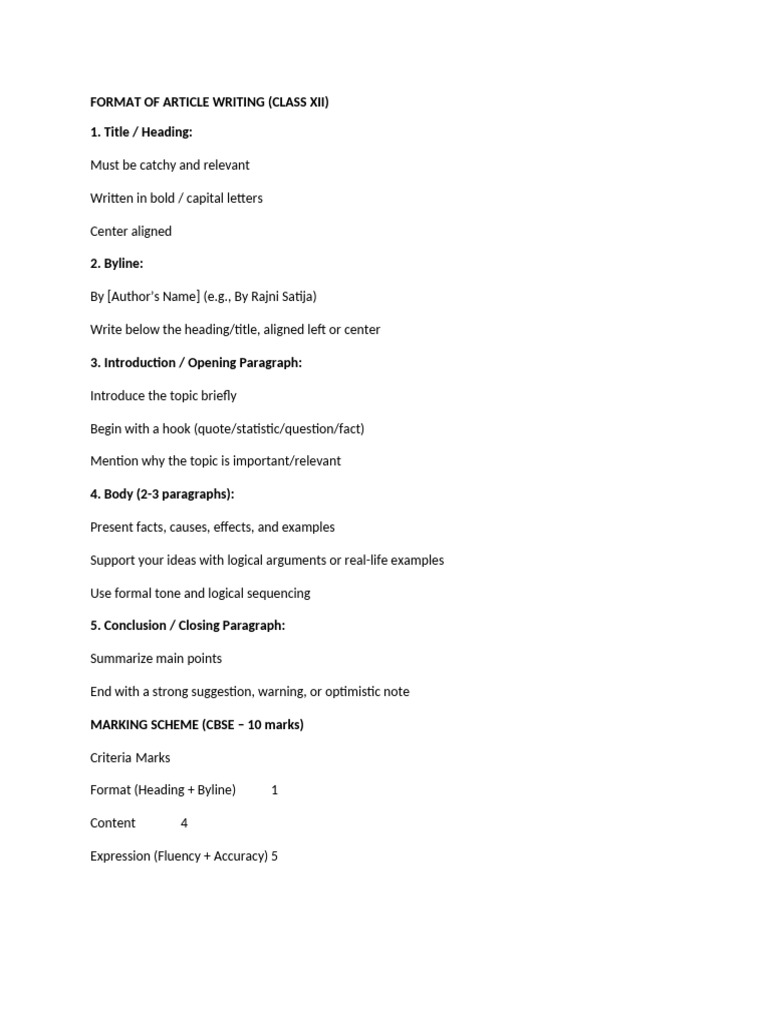 Article Writing Format for Class XII | PDF