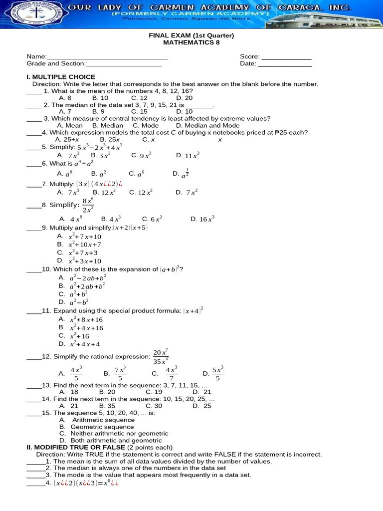 Math 8 Final Exam: 1st Quarter | PDF | Polynomial | Elementary Mathematics