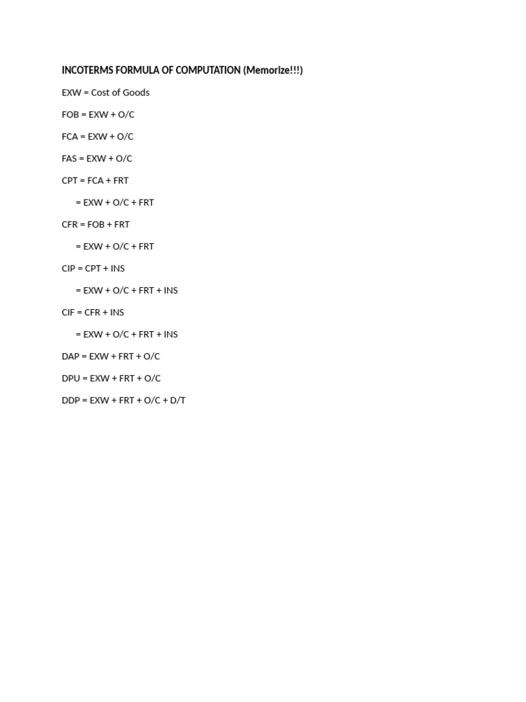 Incoterms Formula of Computation | PDF