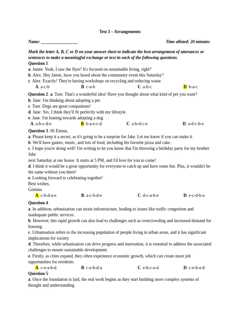 Sentence Arrangement Test Questions | PDF | Urbanization
