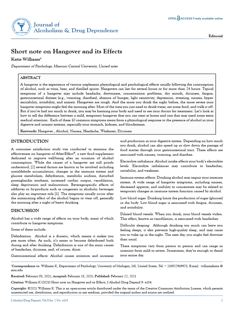 Short Note On Hangover and Its Effects | PDF | Diseases And Disorders ...