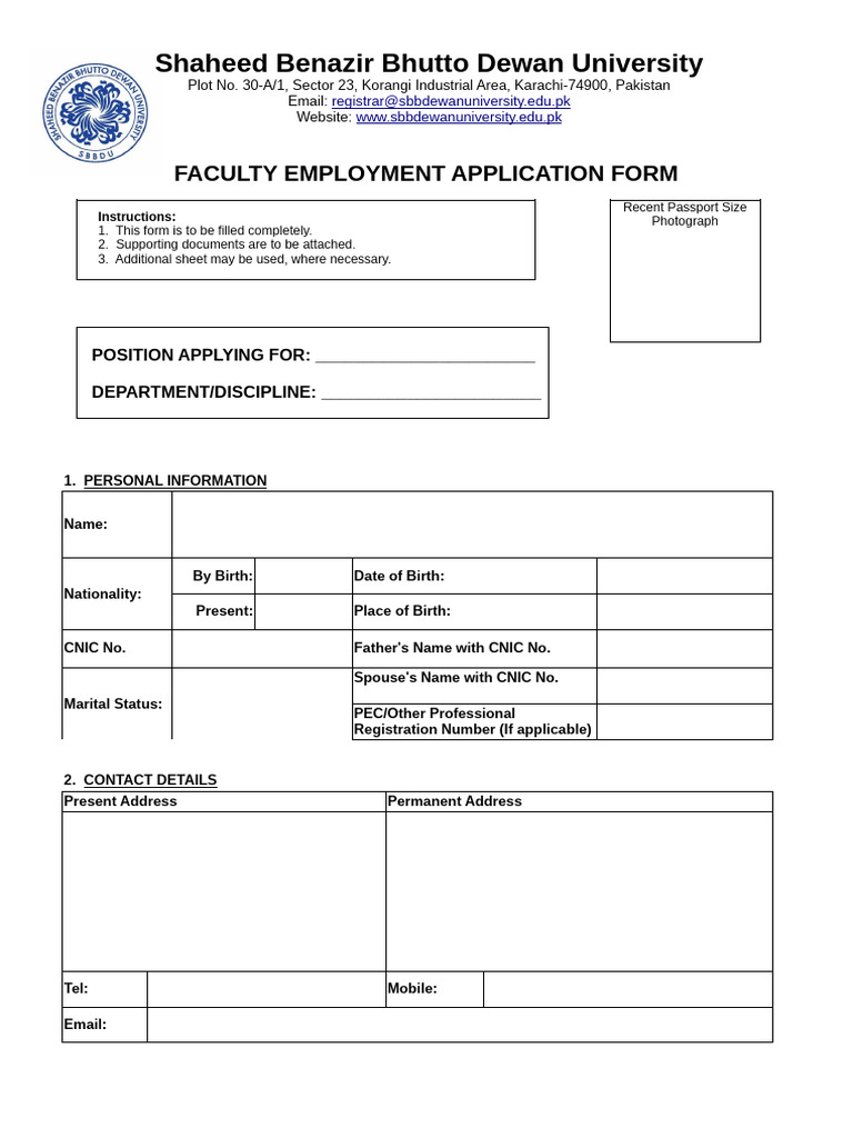 Faculty Application Form | PDF | Bachelor Of Science | Master Of Science