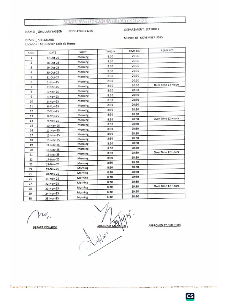 Ghulam Yaseen Security Guard Attendance Nov-25 | PDF