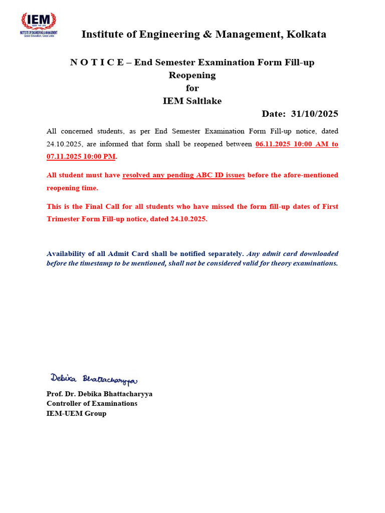 Notice Examination Form Fill Up Reopen Odd Sem 2025 - IEM Salt Lake | PDF