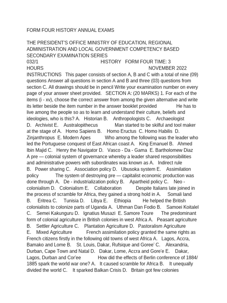 Form Four History Annual Exams | PDF | East Africa | Colonialism