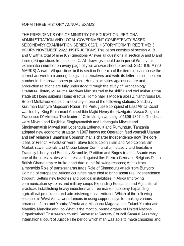 Form Three History Annual Exams | PDF | Homo | African National Congress