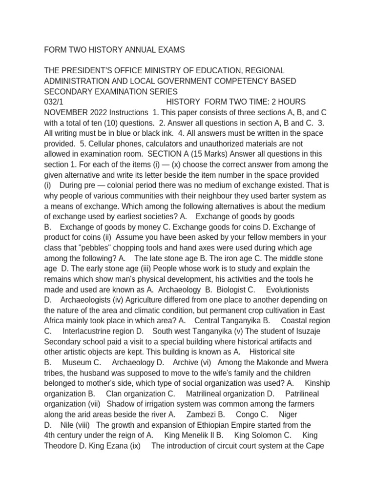 Form Two History Annual Exam 2022 | PDF