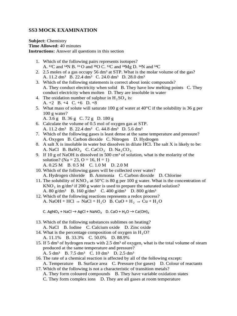 SS3 Chemistry Mock Exam Questions | PDF