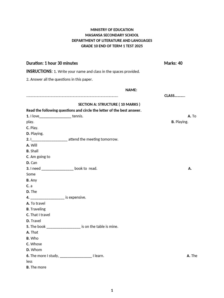 Grade 10 Literature Test 2025 | PDF | Chess Openings | Chess Theory