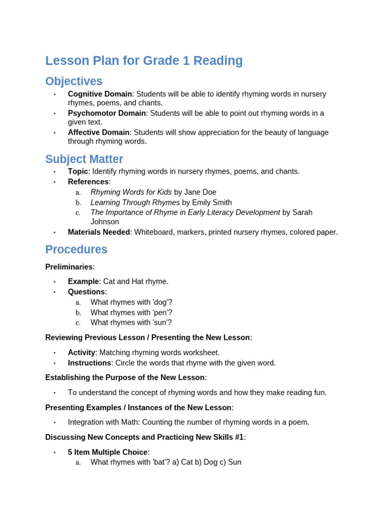 Grade 1 Rhyming Words Lesson Plan | PDF | Poetry | Multiple Choice