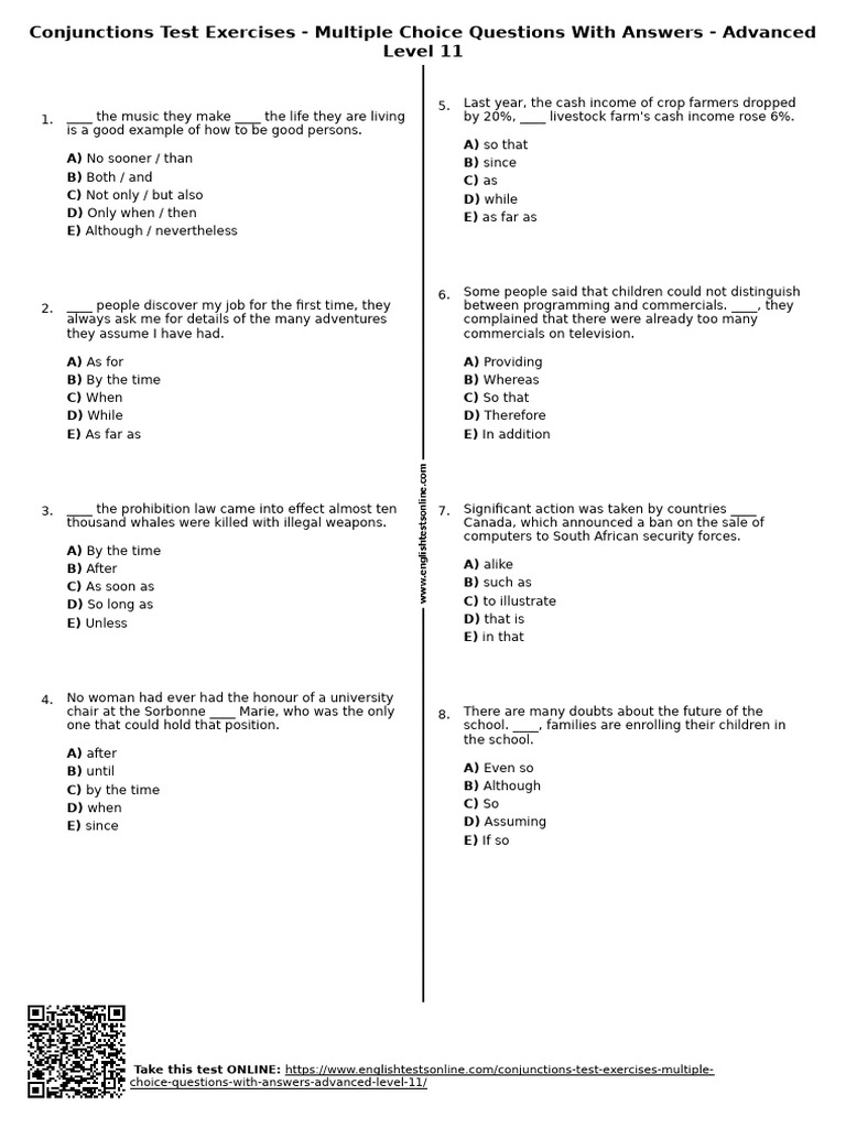 Advanced Conjunctions Test Exercises | PDF