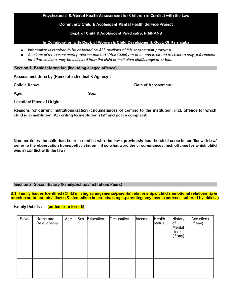 Juvinile Case History (Nimhans, Form 6, Form) | PDF | Mental Disorder ...