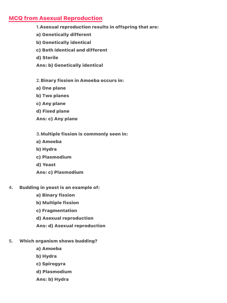 Asexual Reproduction MCQs and Answers | PDF | Fertilisation | Reproduction
