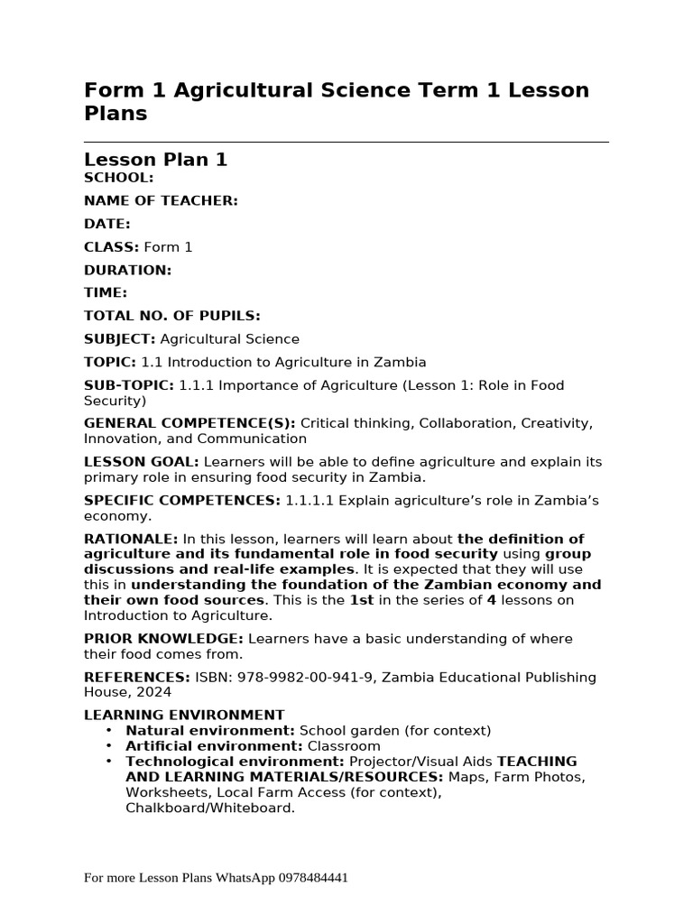 Agricultural Science Lesson Plans Zambia | PDF | Lesson Plan | Learning