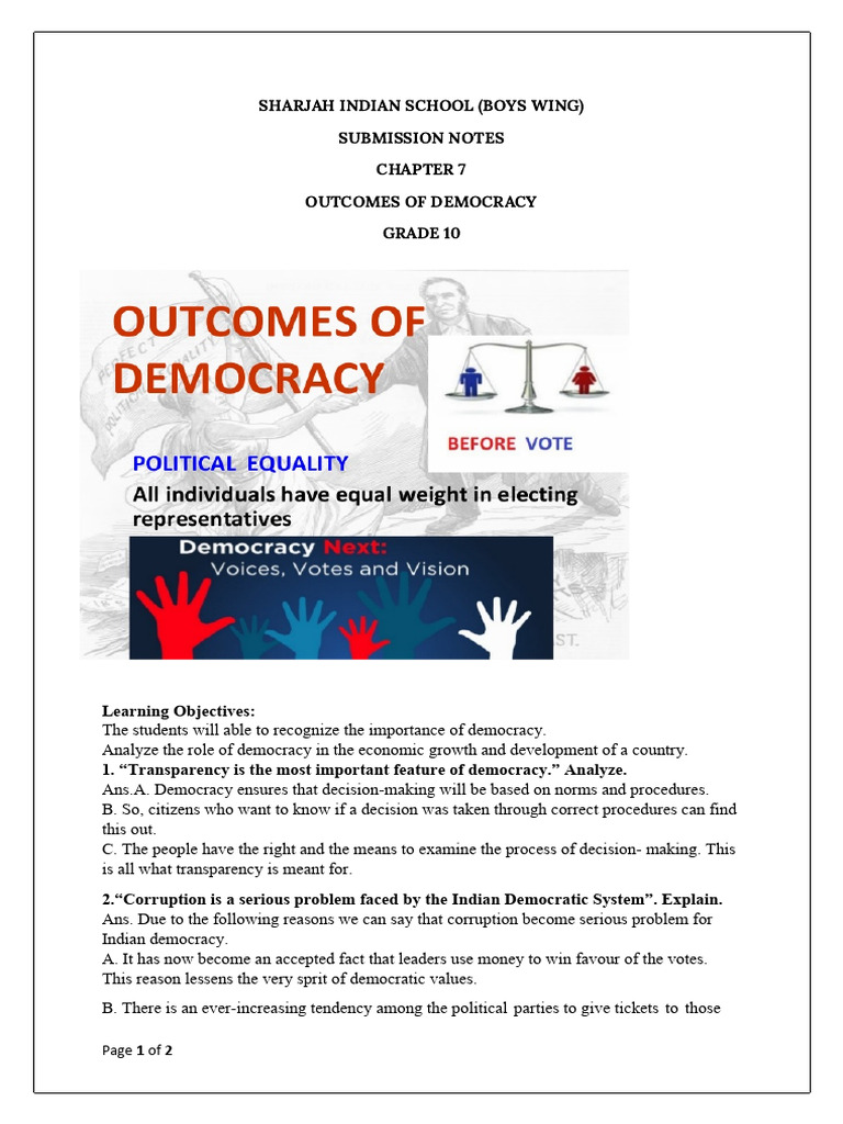 Outcomes of Democracy in India: Grade 10 Insights | PDF | Democracy ...