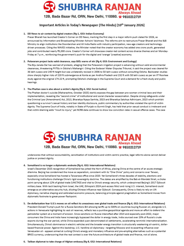 Today's Key News Highlights - January 10, 2026 | PDF | Afghanistan | China