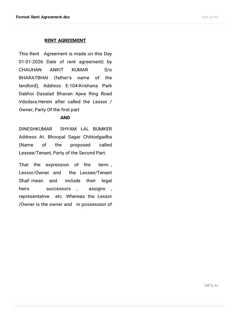 Format Rent Agreement | PDF