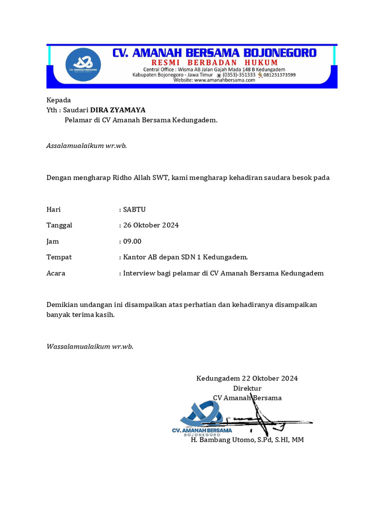 Undangan Interview CV Amanah Bersama | PDF