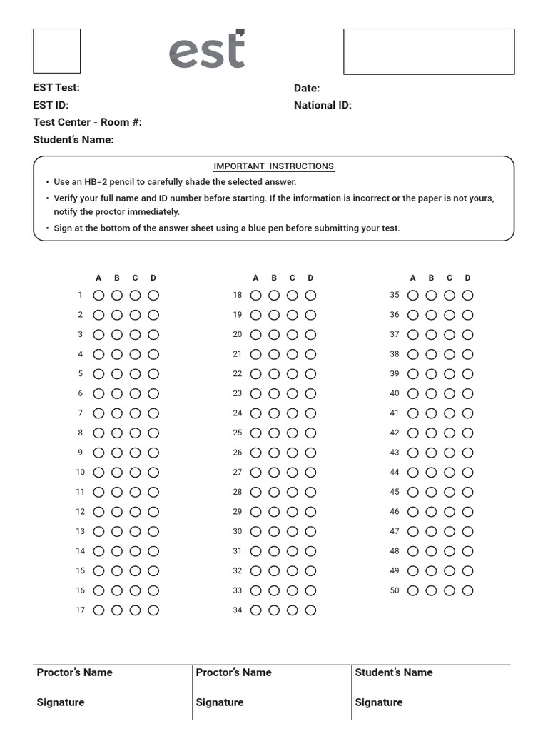EST TEST-Bubble Sheet - EST 1 Math High School - V.2 | PDF