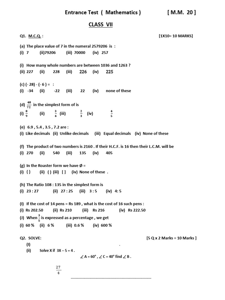Class VII Mathematics Entrance Test | PDF