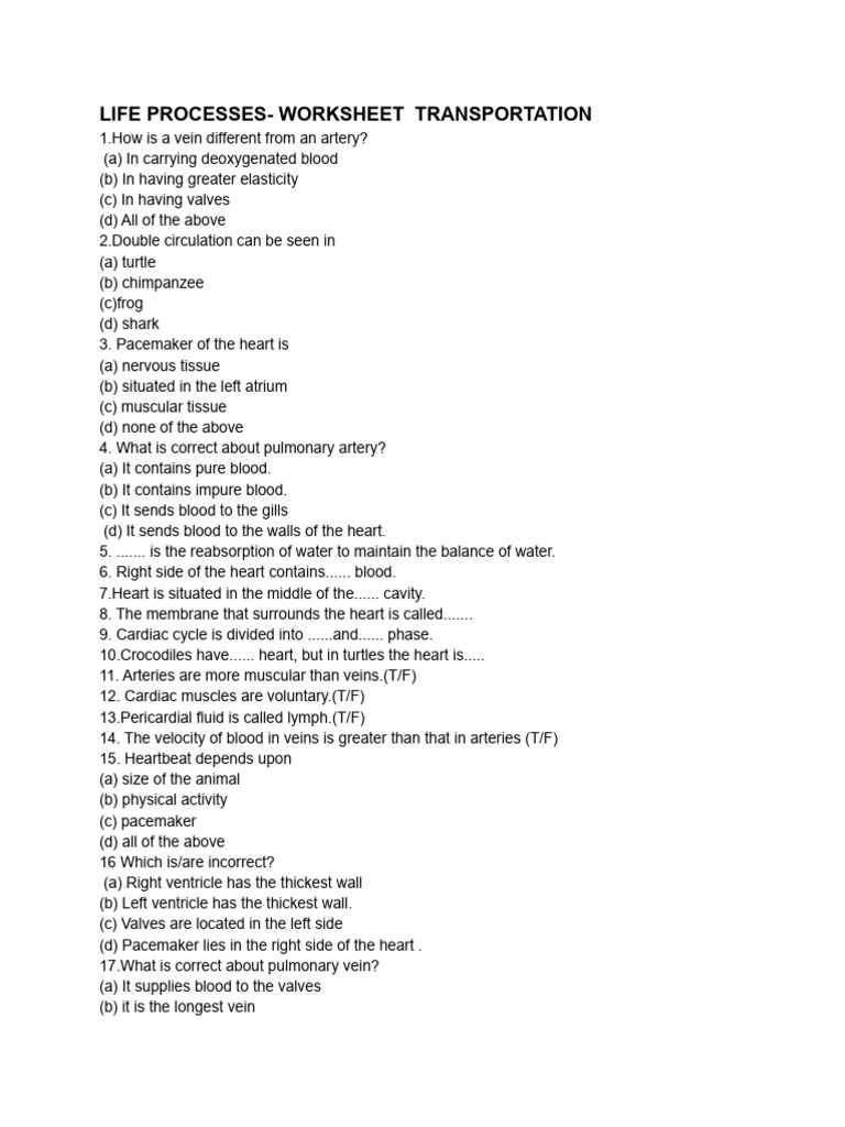 Transportation in Life Processes Worksheet | PDF