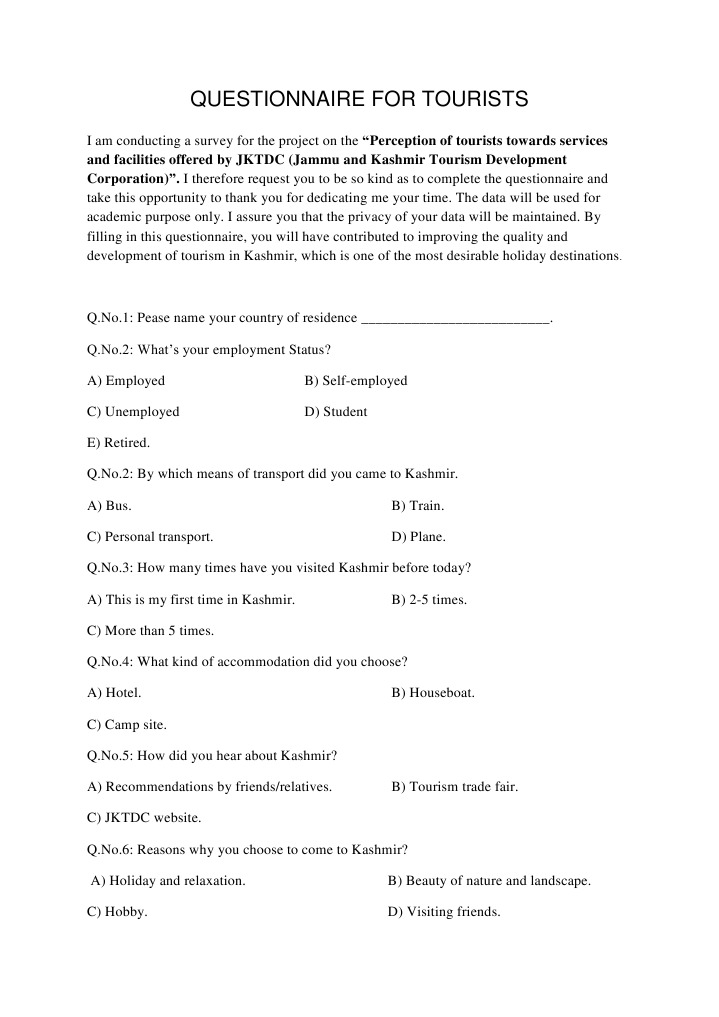 Questionnaire for tourists in kashmir | Tourism | Questionnaire