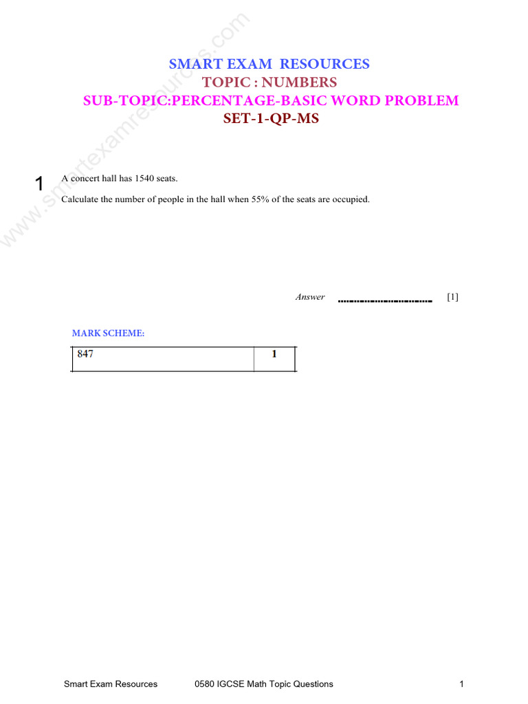 1.6.12 Percentage Basic Word Problem Set 1 QP Ms IGCSE Math Topic ...