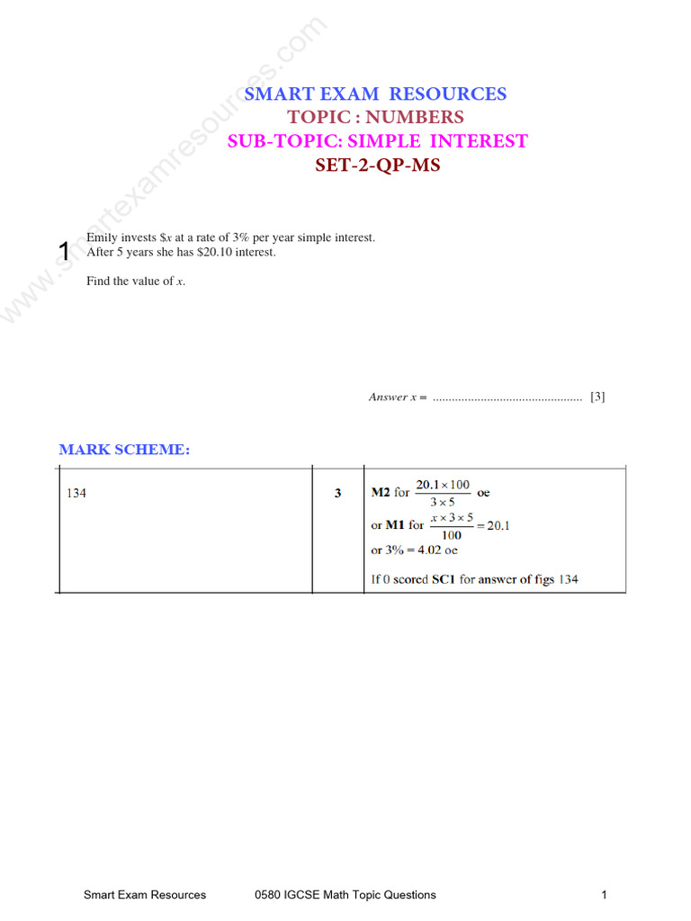 1.6.14 Simple Interest Set 2 QP Ms IGCSE Math Topic Questions Paper 2 | PDF