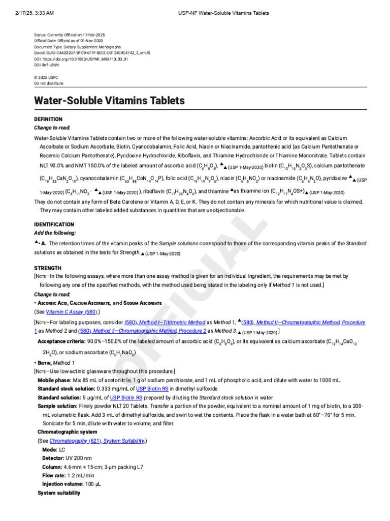 Water-Soluble Vitamins Tablets Monograph | PDF | Magnesium | Acid